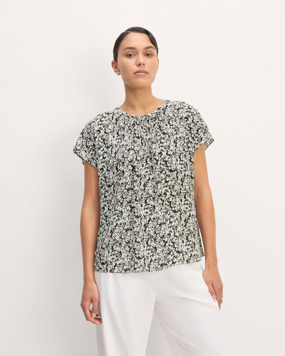 The Gathered Neck Top | Black / Bone Mini Floral – Everlane